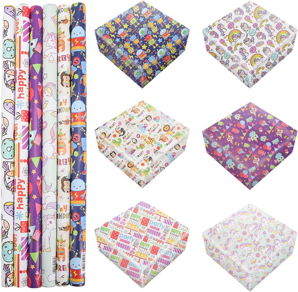 12 x Birthday Wrapping Paper, Gift Wrapping Paper with Cute Cartoon ...