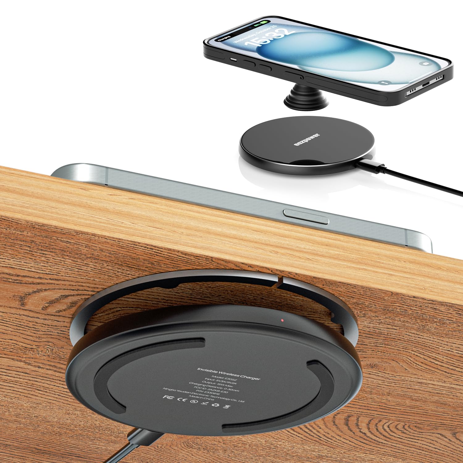 eazpower Invisible Wireless Charger, 0-30mm Under Desk Wireless Charger ...
