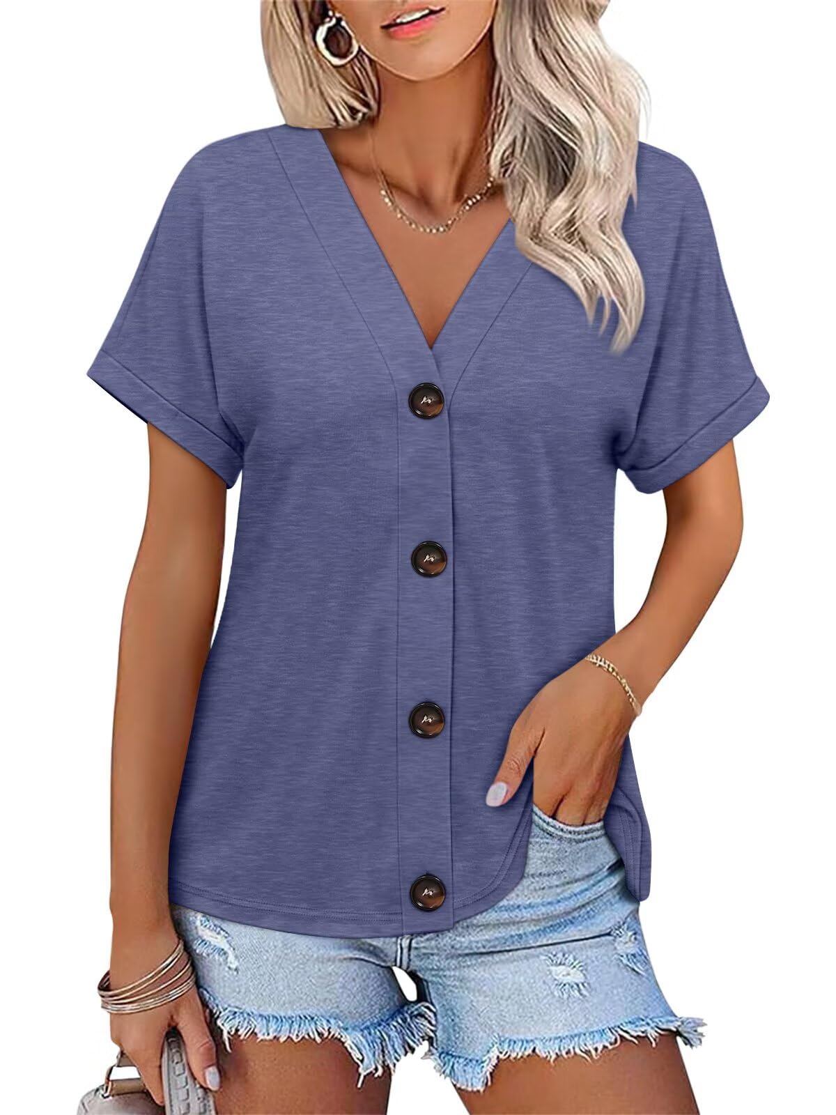 ORANDESIGNE Women's Short Sleeve V Neck Tops Casual Button Down Summer ...