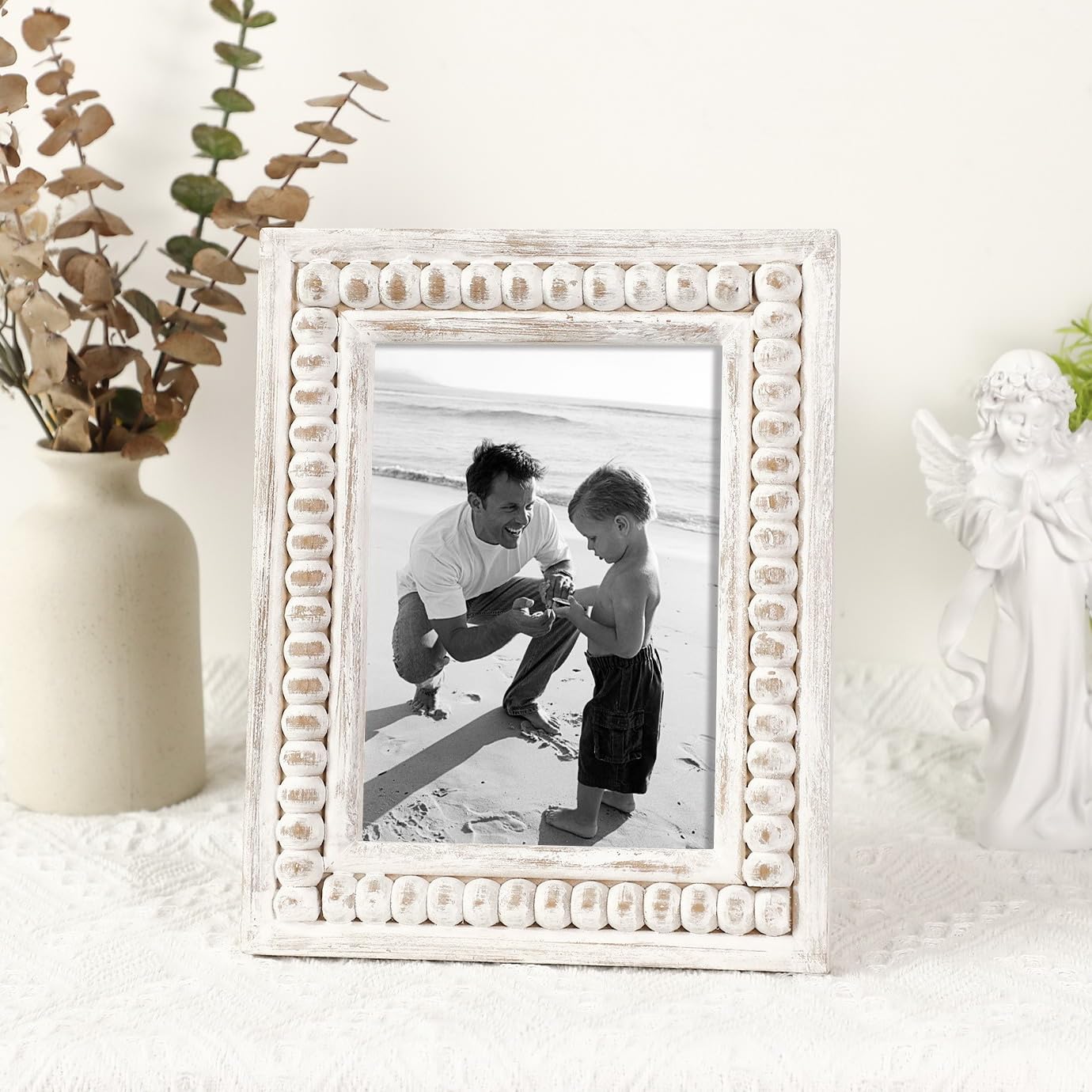 UPPER DECOR Whitewashed Wooden 5x7 Picture Frame with Beaded Design ...