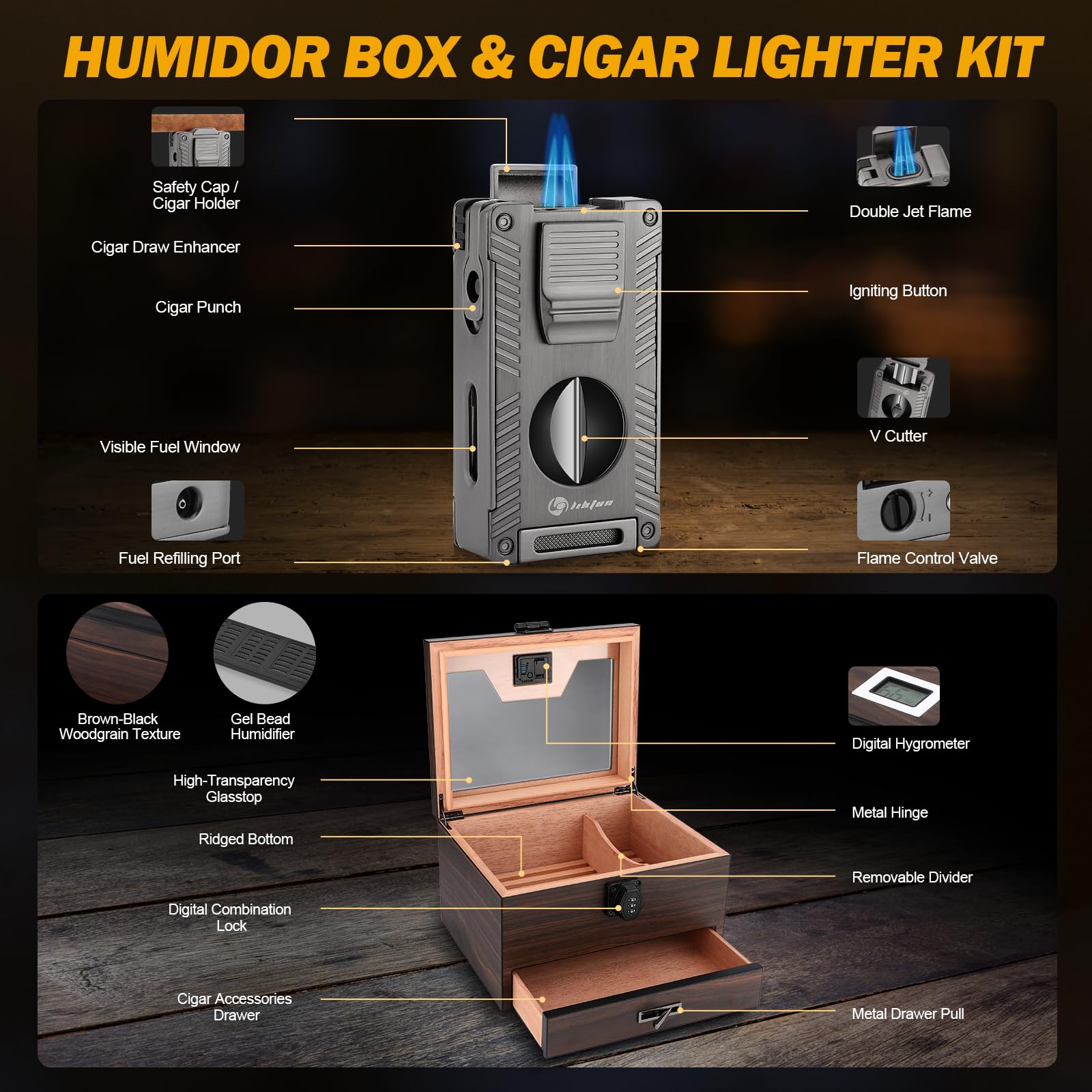Mua LIHTUN Cigar Humidor and Cigar Lighter Kit, Cedar Wood Cigar Case ...