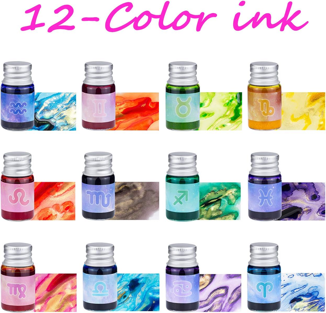12 Colors Calligraphy Ink Set, Calligraphy Fountain Glass Dip Pen Color ...