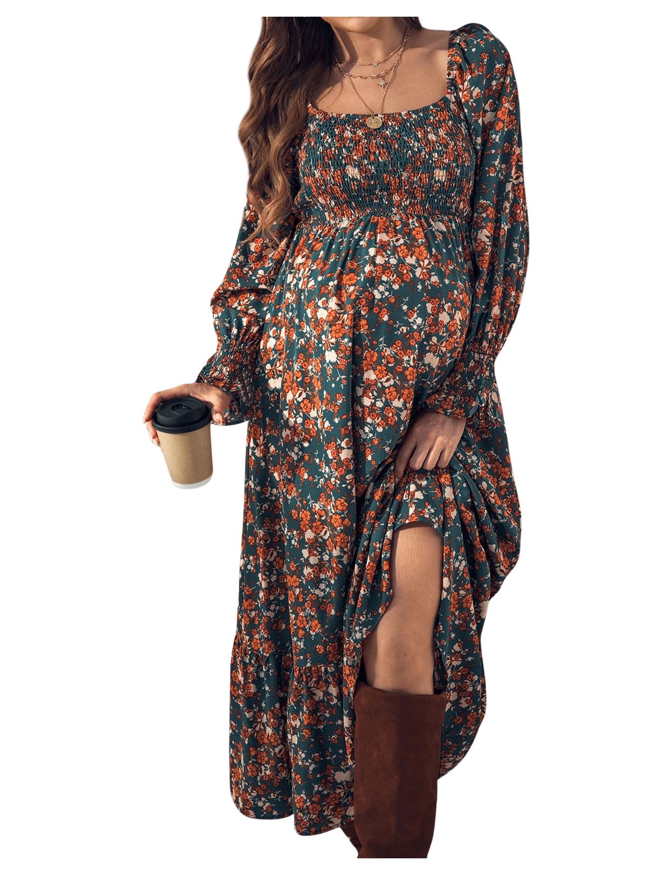 SHENHE Women's Maternity Floral Dress Square Neck Long Sleeve Ruffle ...