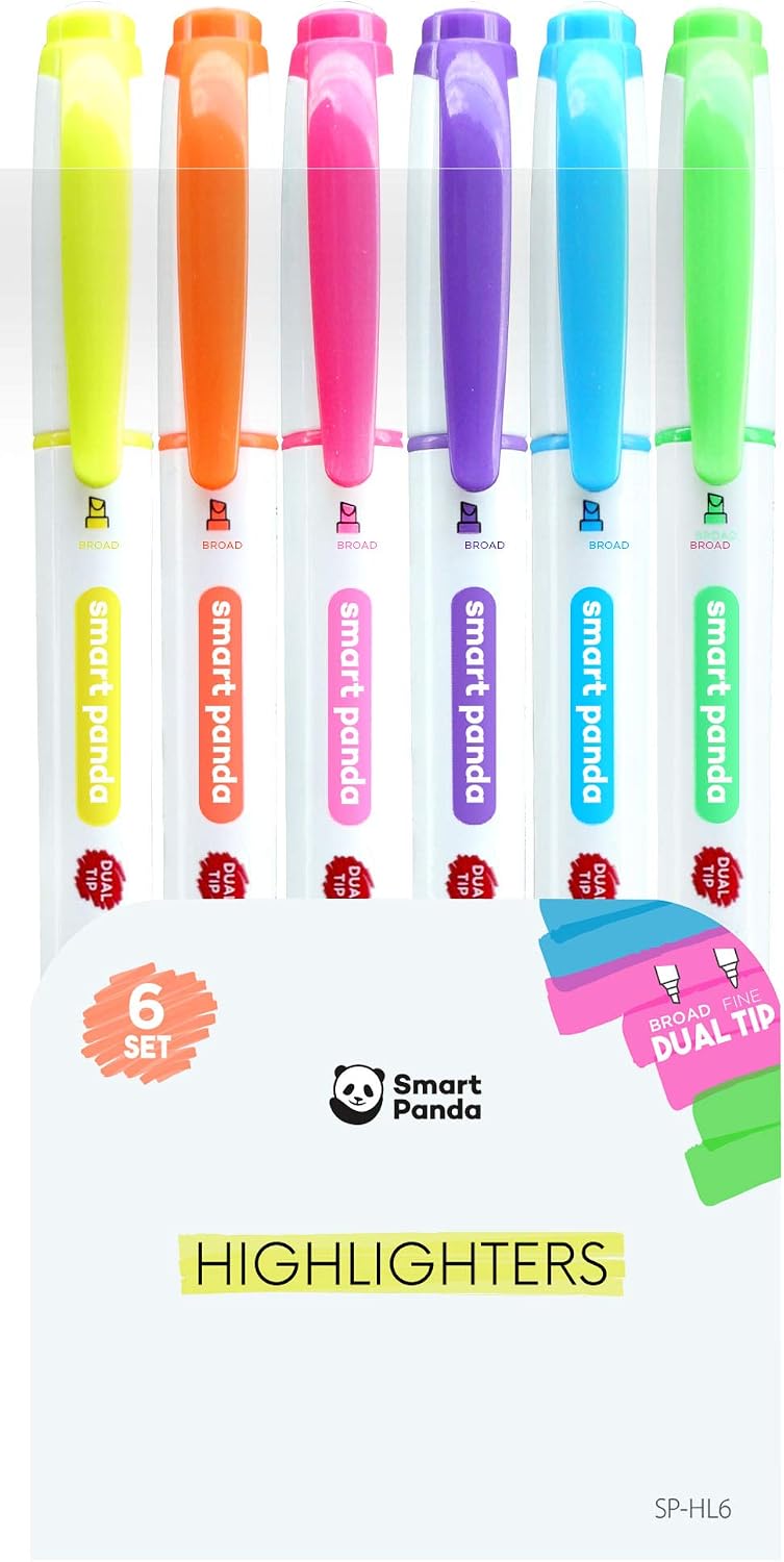 6 Highlighter Pens by SmartPanda – Dual Tip Pastel Highlighters, Thick ...