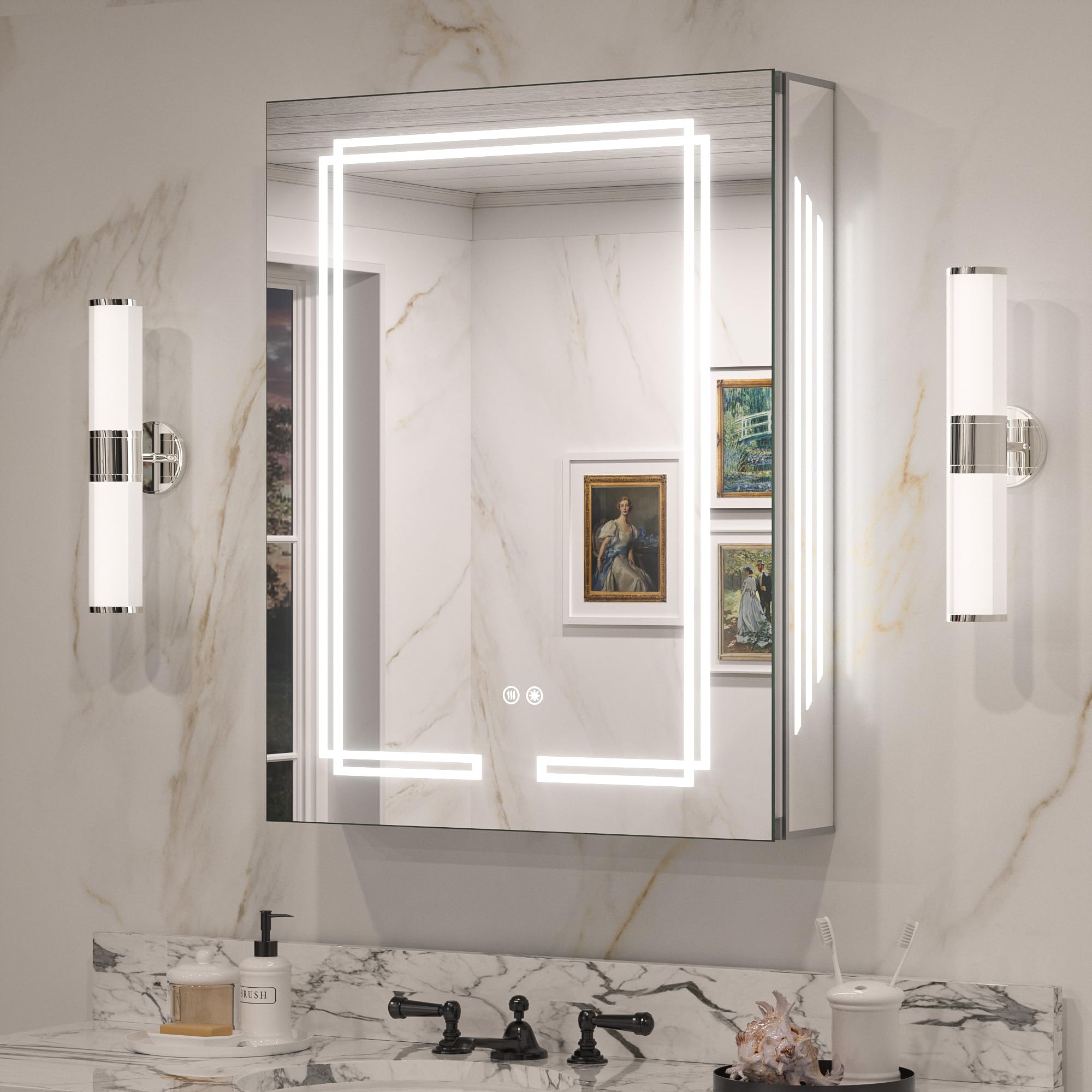 TETOTE LED Lighted Medicine Cabinet with Mirror, 24x32 Bathroom Mirror Cabinet with Lights, Wall ...