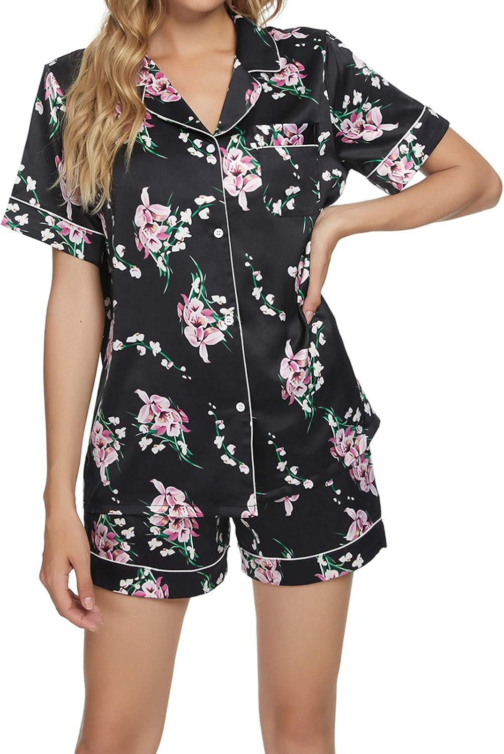 GOSO Dames Pyjama - Satijn Pyjama Vrouwen Button Down Zijde Pjs Bloemen ...