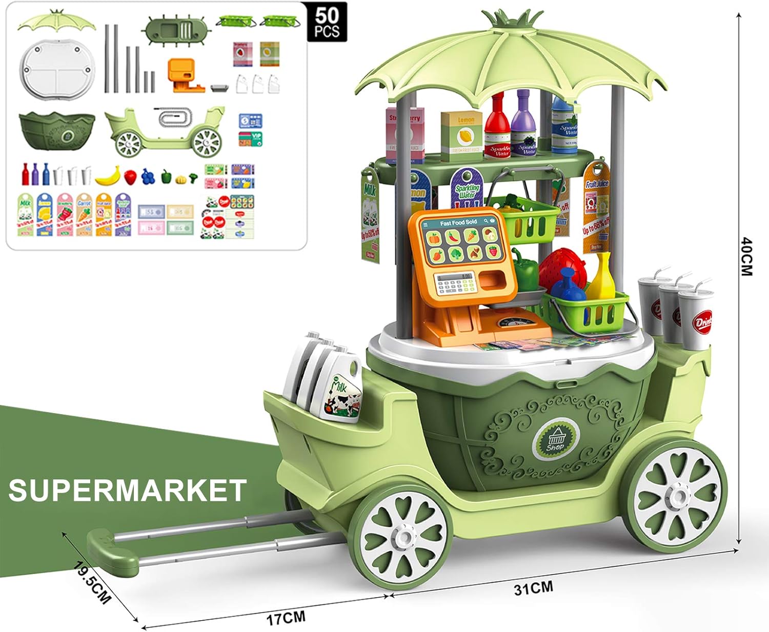 50 pcs Assemble Toddler Supermarket Kit with Carrying Case & Cart Cash ...