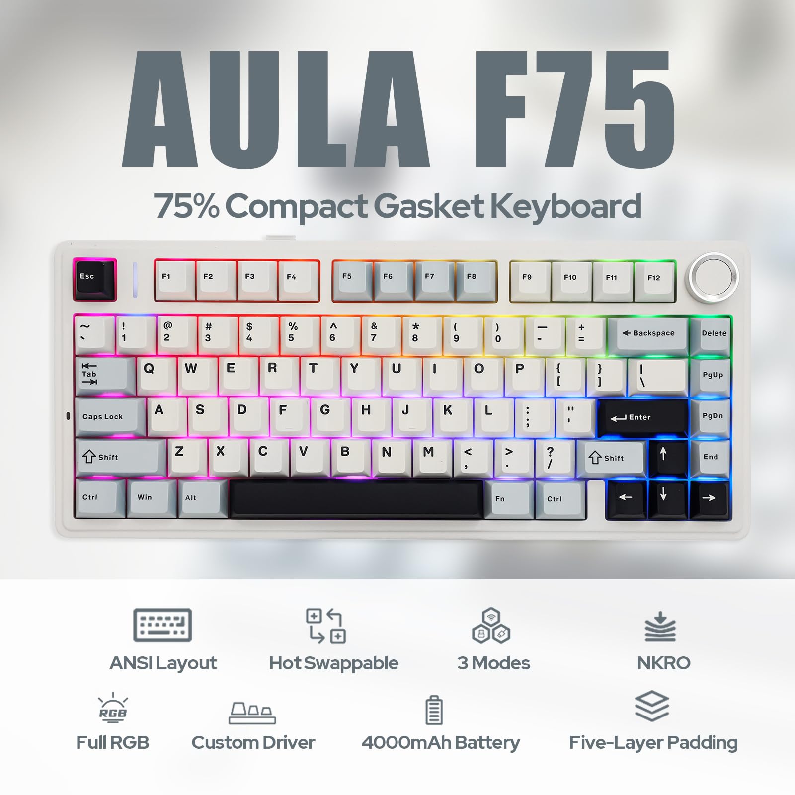 Mua x Aula F75 Gasket Mechanical Keyboard with Five-Layer Padding&Knob ...