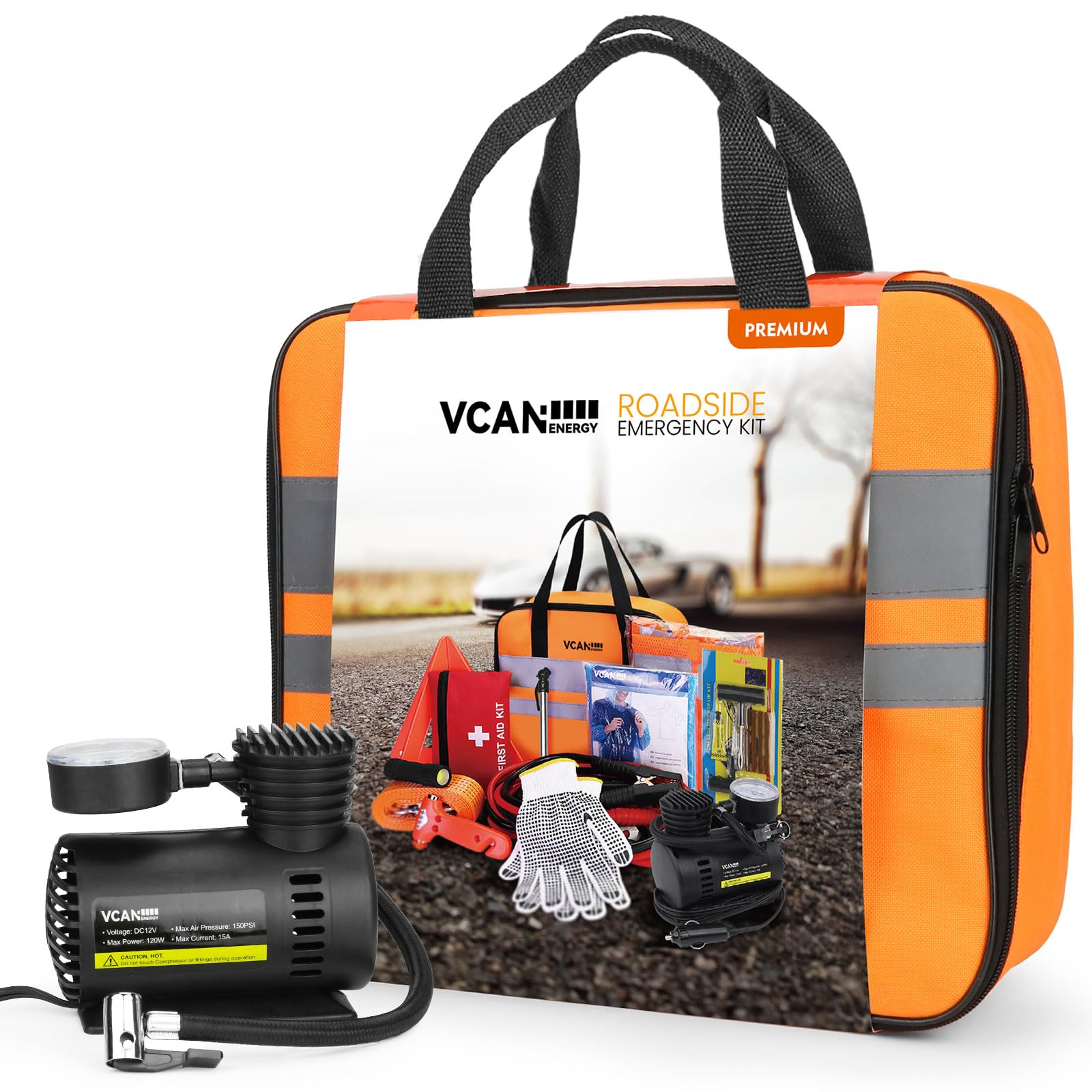 VCANENERGY Car Emergency Safety Kit Bag with Portable Air Compressor ...