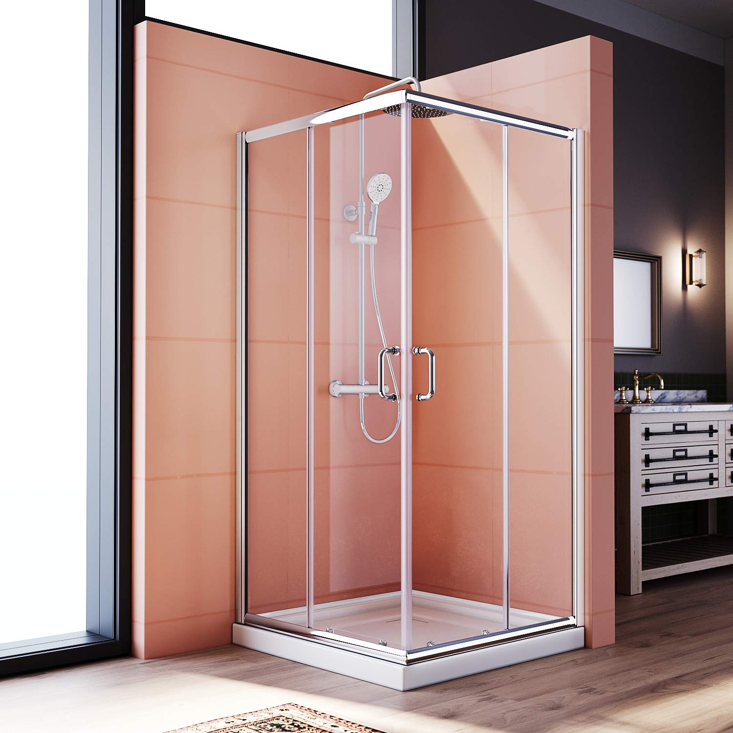 ELEGANT Corner Shower Enclosure 34'' D. x 34'' W. x 72'' H., Double Sliding Shower Door with 2 ...