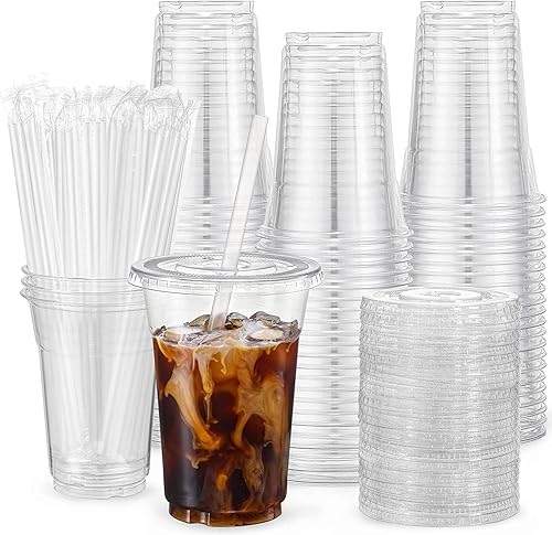 VITEVER [100 Sets - 24oz] Plastic Cups with Lids and Straws, Disposable ...
