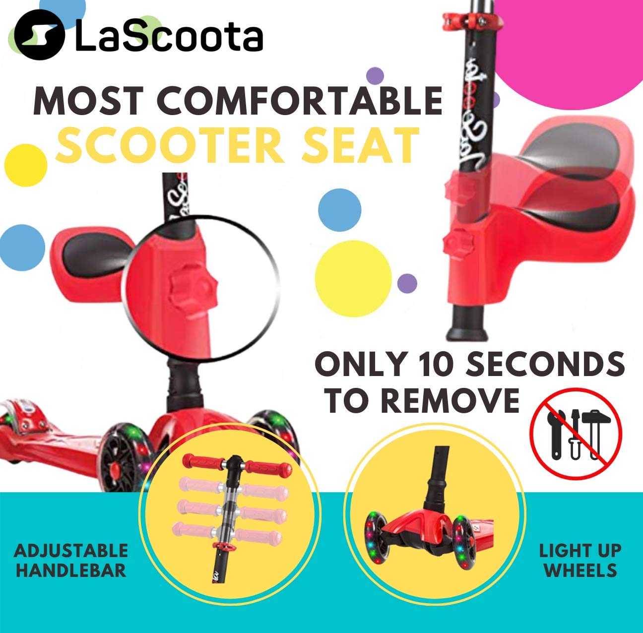 Lascoota Kick Scooter for Kids - Adjustable Height w/Extra-Wide Deck PU ...