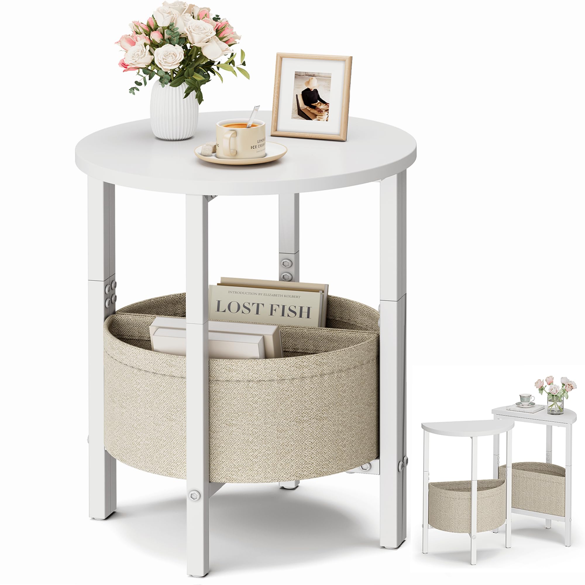Vagusicc Side Table, Small Round End Table with Fabric Basket, Set of 2 ...