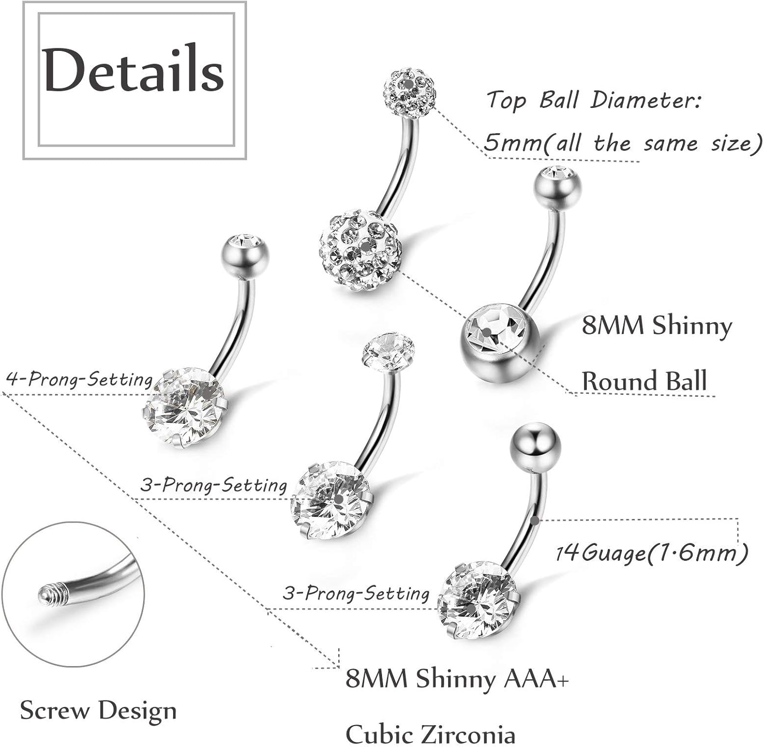 MILACOLATO 5-10pcs 14G Stainless Steel Belly Button Rings for Women ...