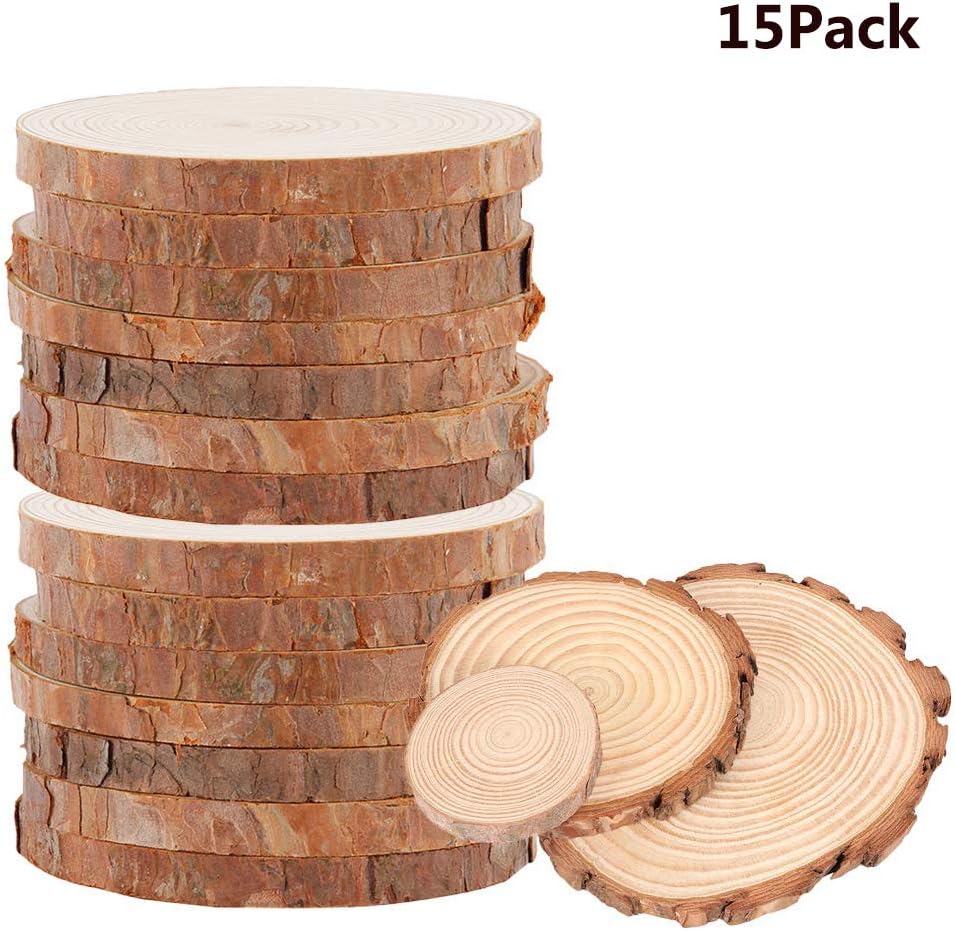 Natural Wood Slices 15pcs 10-12cm Unfinished Round Log Wooden Circles ...