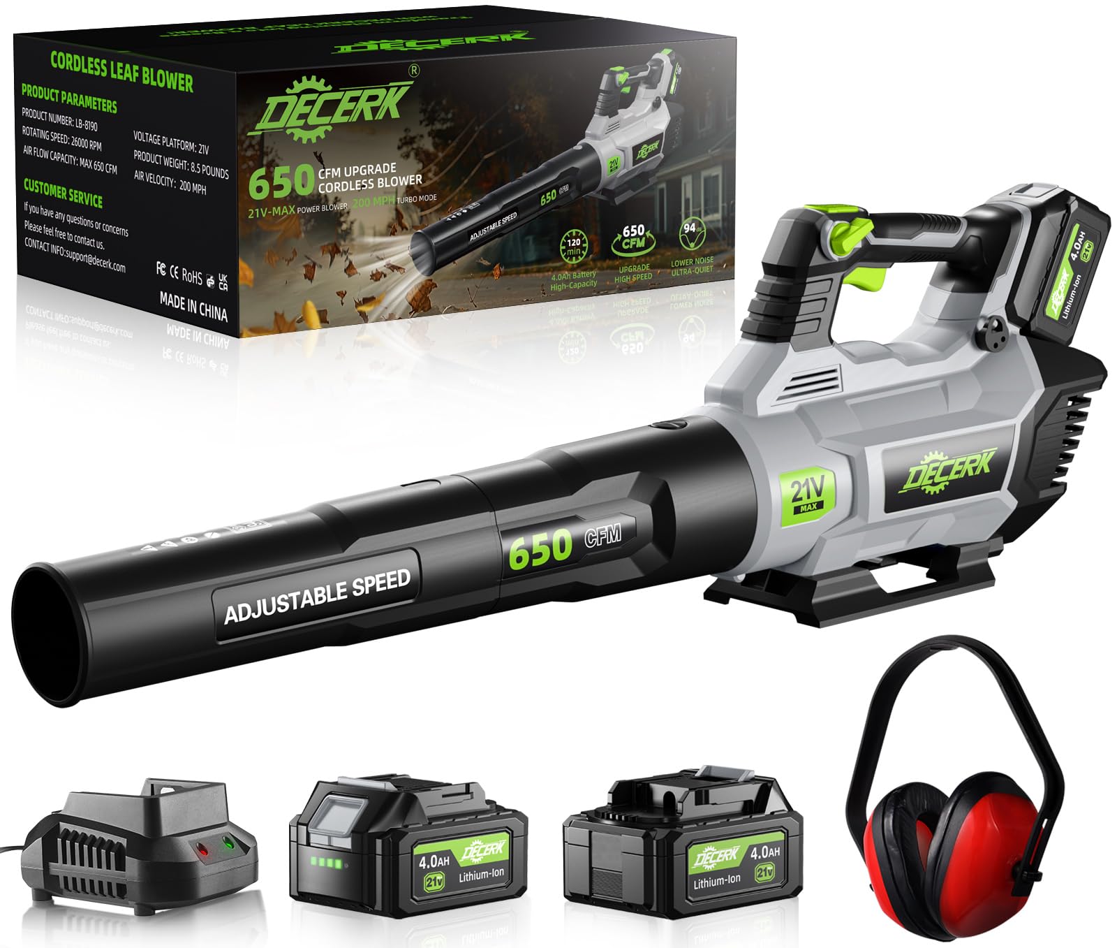 Decerk Leaf Blower Cordless, 21V Electric Leaf Blowers with 2X 4.0Ah ...