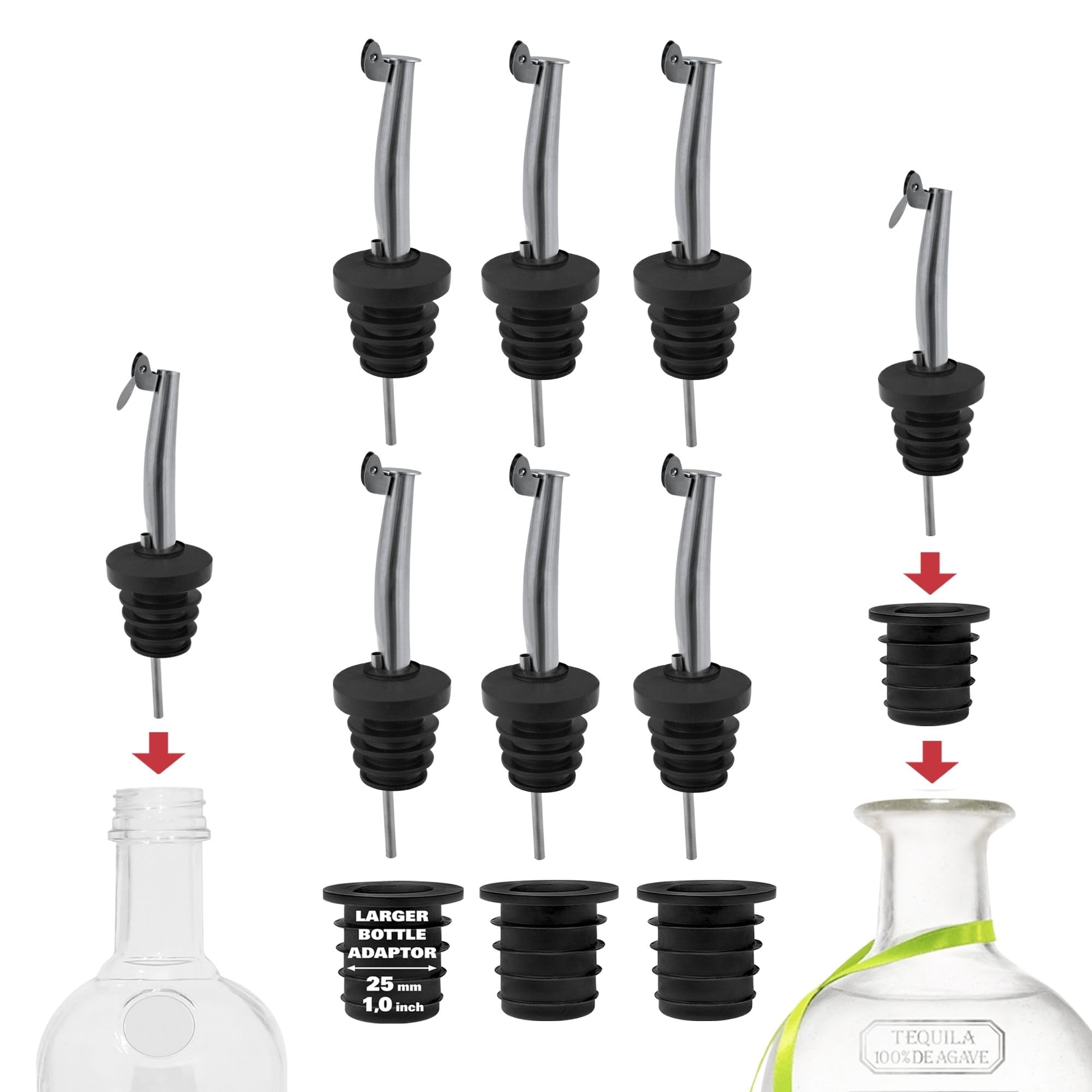 Esatto Stainless Steel Liquor Bottle Pour Spouts with Flip Lids ...