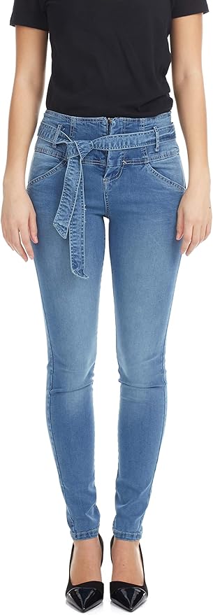 Suko Jeans Womens High Waisted Denim Pants Skinny Fit with Belt ...