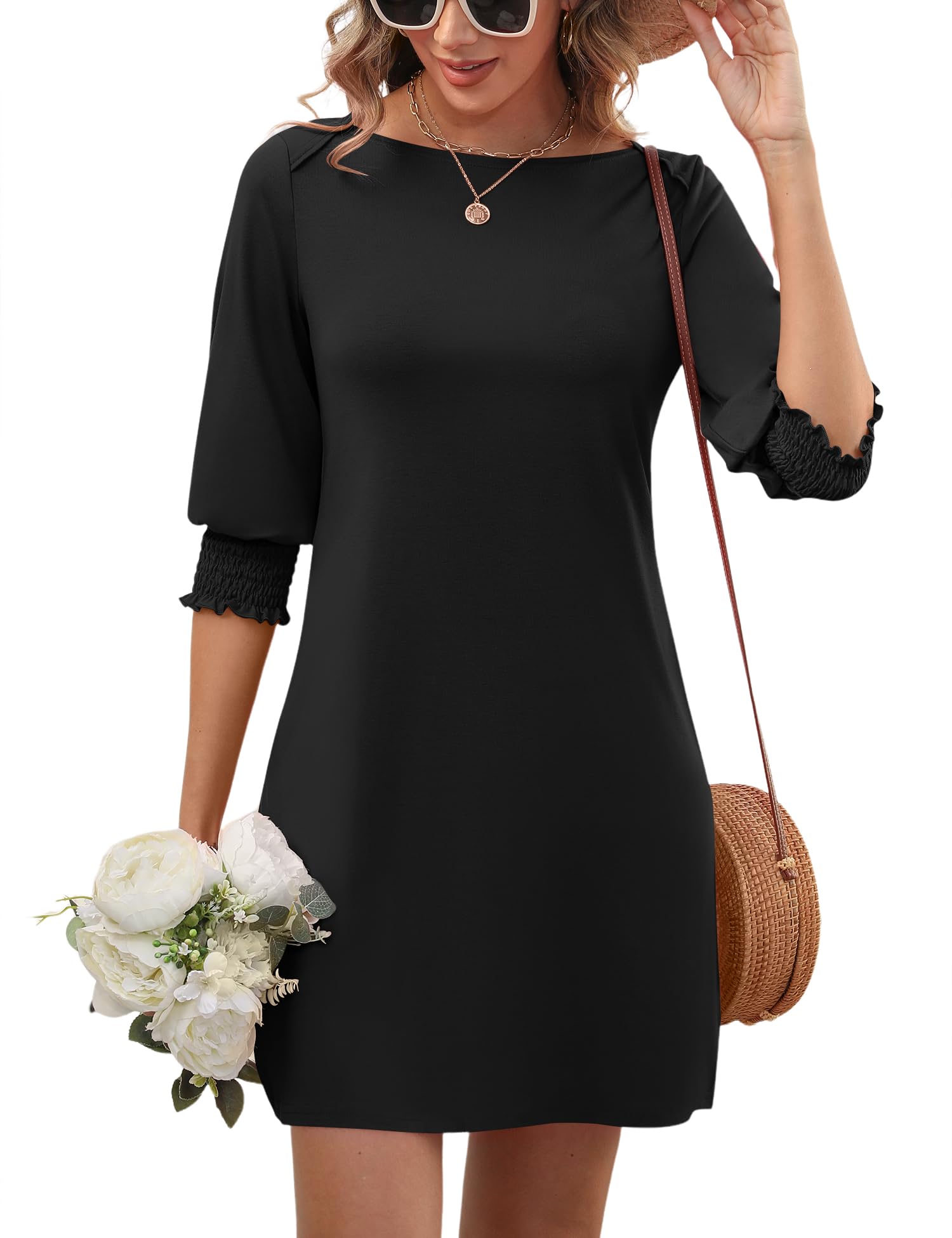 LUYAA Womens Dress Short Black Solid Color 3/4 Sleeve Spring Wedding ...