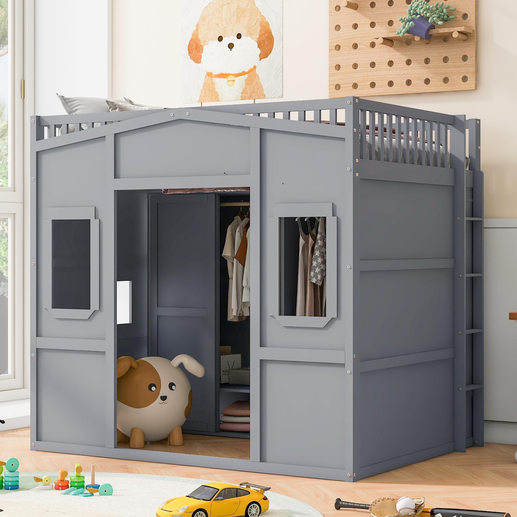 Merax Full Size Loft Bed with Wardrobe, Space-Saving House Bed Frame ...