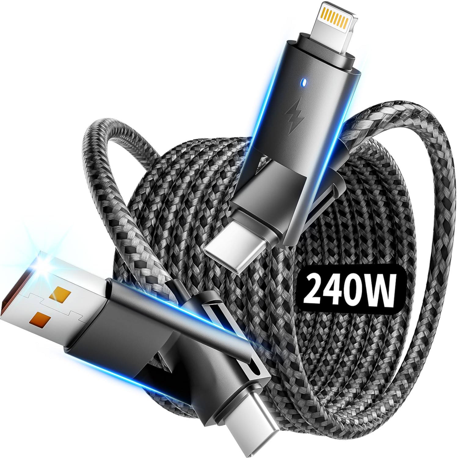 240W 4 in 1 Charging Cable, Braided USB to USB C Fast Charging Cable ...