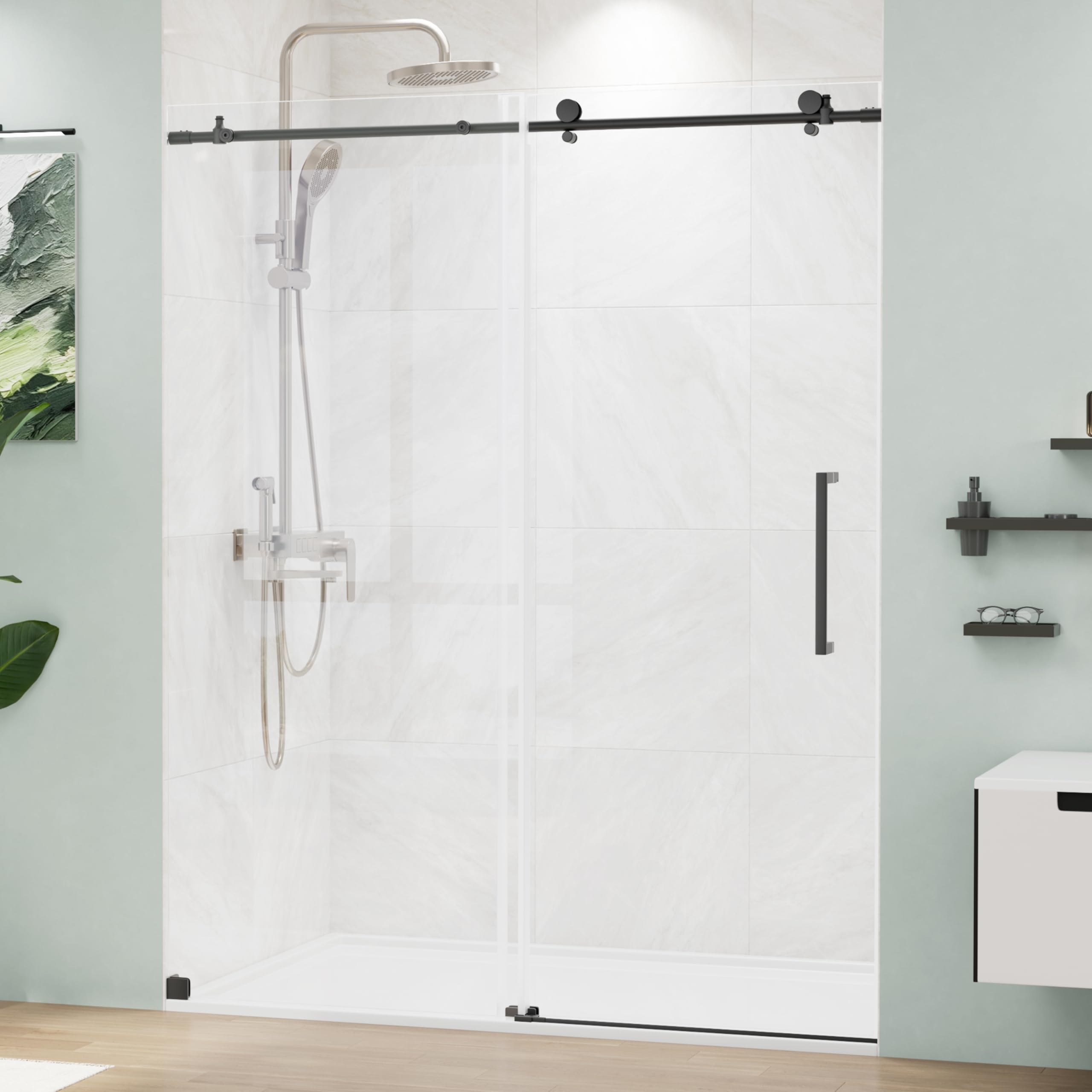 MORDEER Frameless Sliding Shower Door 56-60" W x 75" H, Ultra-Clear SGCC Tempered Glass Shower ...