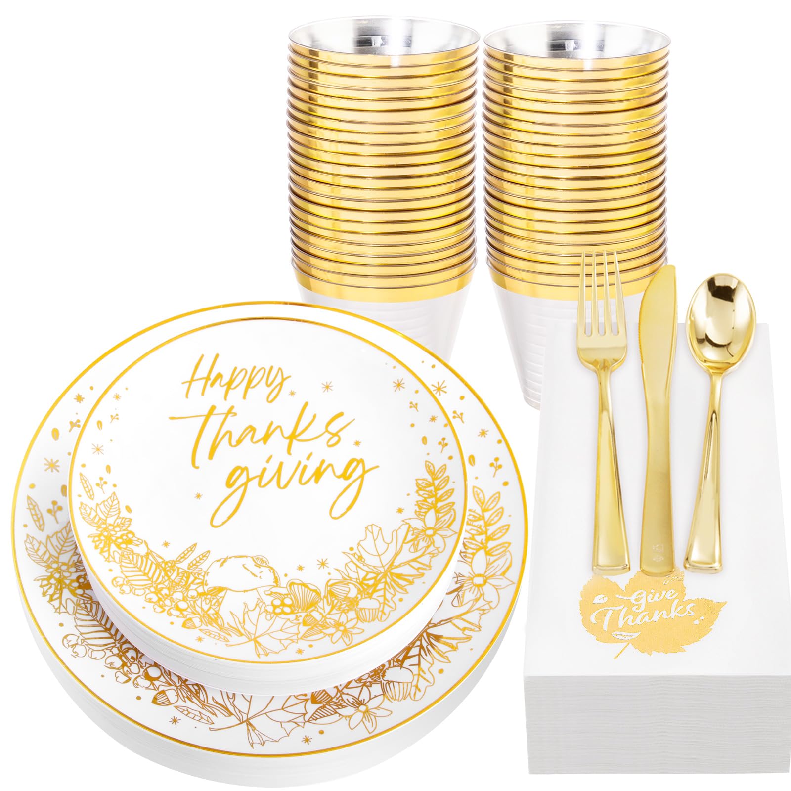 Hioasis 175 Pcs Thanksgiving Plastic Plates - White and Gold Plates ...