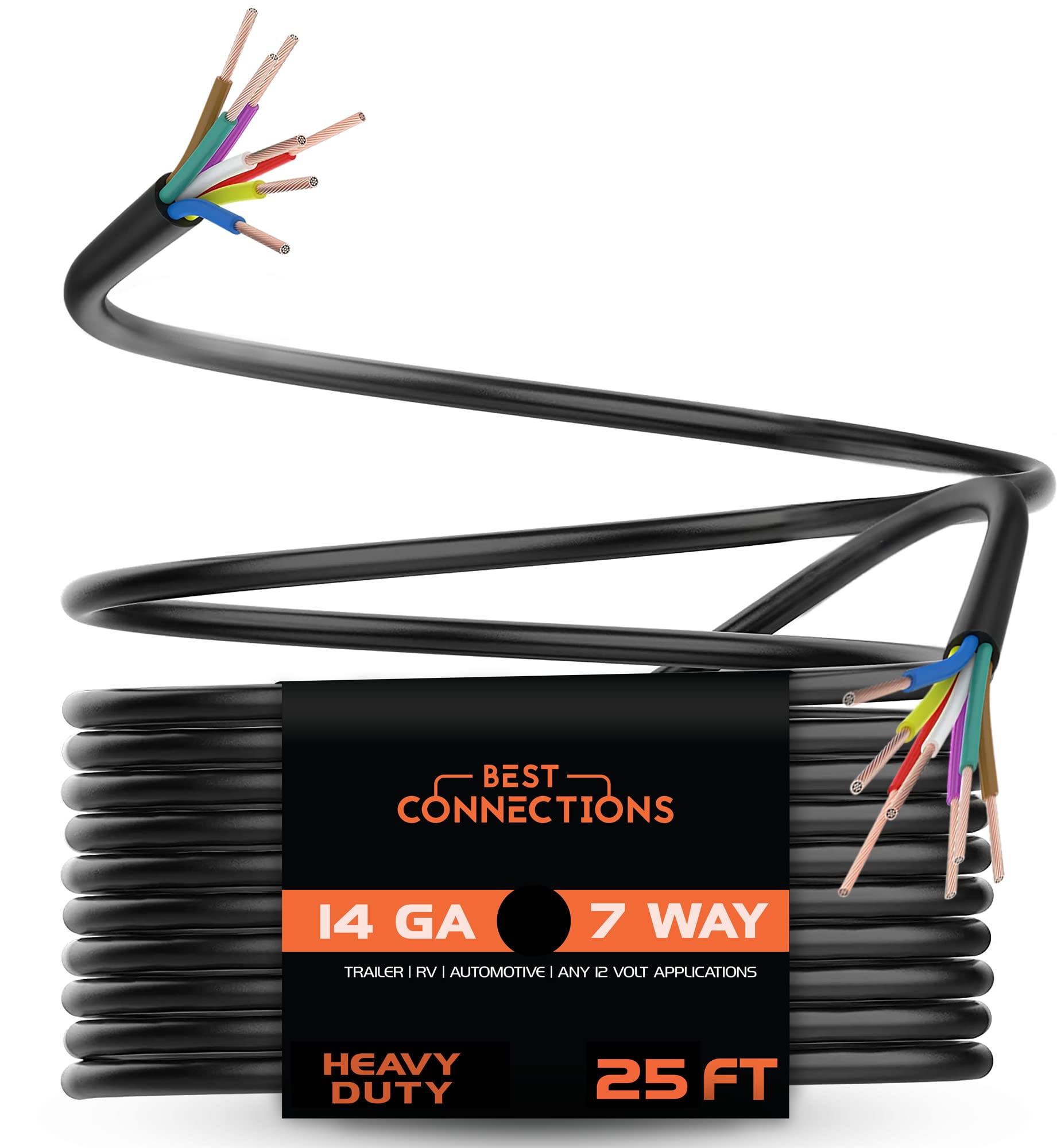 BEST CONNECTIONS 7 Way Trailer Wire (25 Feet) Heavy Duty 14 Gauge 7 ...