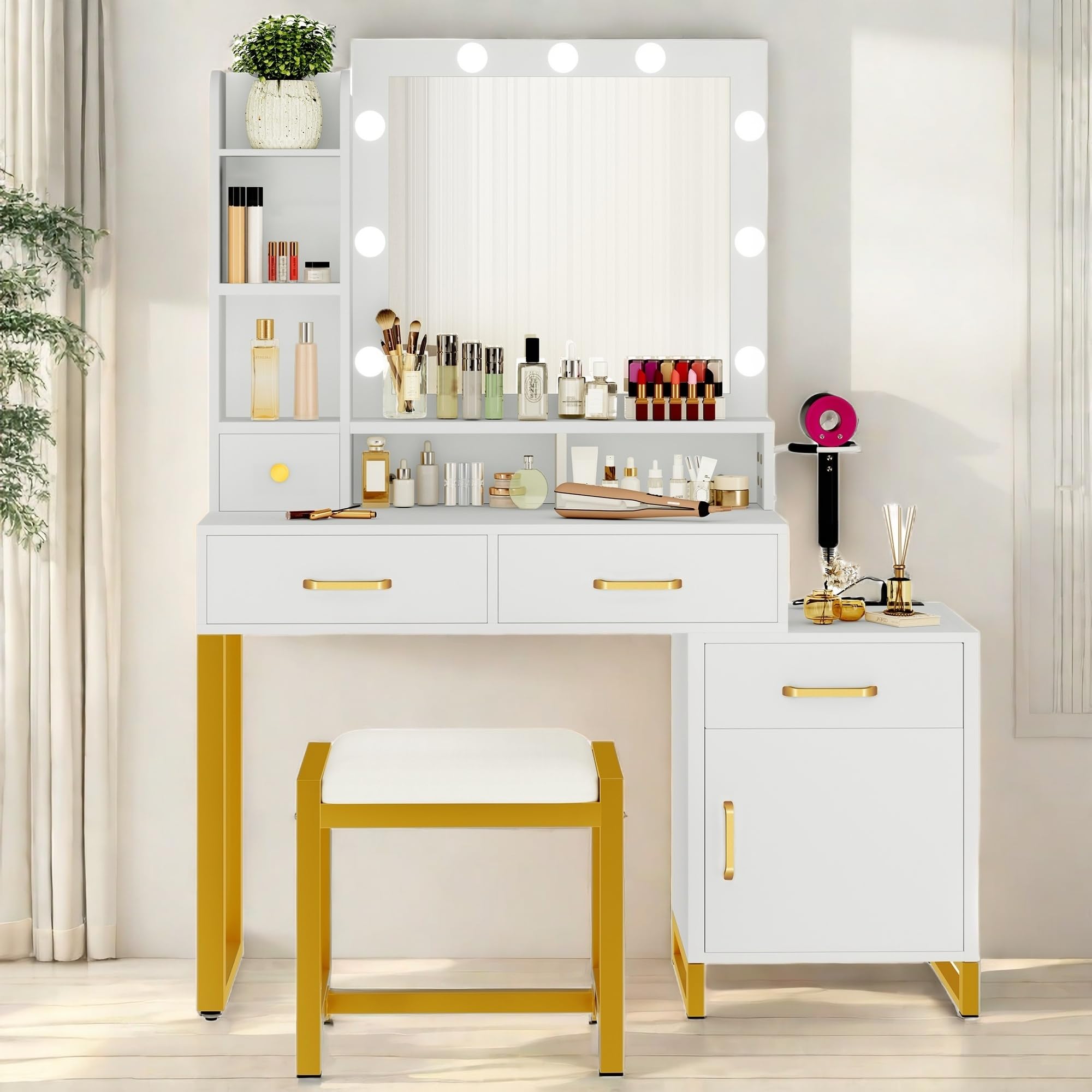 YITAHOME 41.3'' Vanity Desk with Mirror and Lights, Makeup Vanity with ...