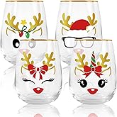 Amazon.com | Whaline 17oz Christmas Novelty Stemless Wine Glasses with Gold Rimmed 2Pcs Reindeer ...