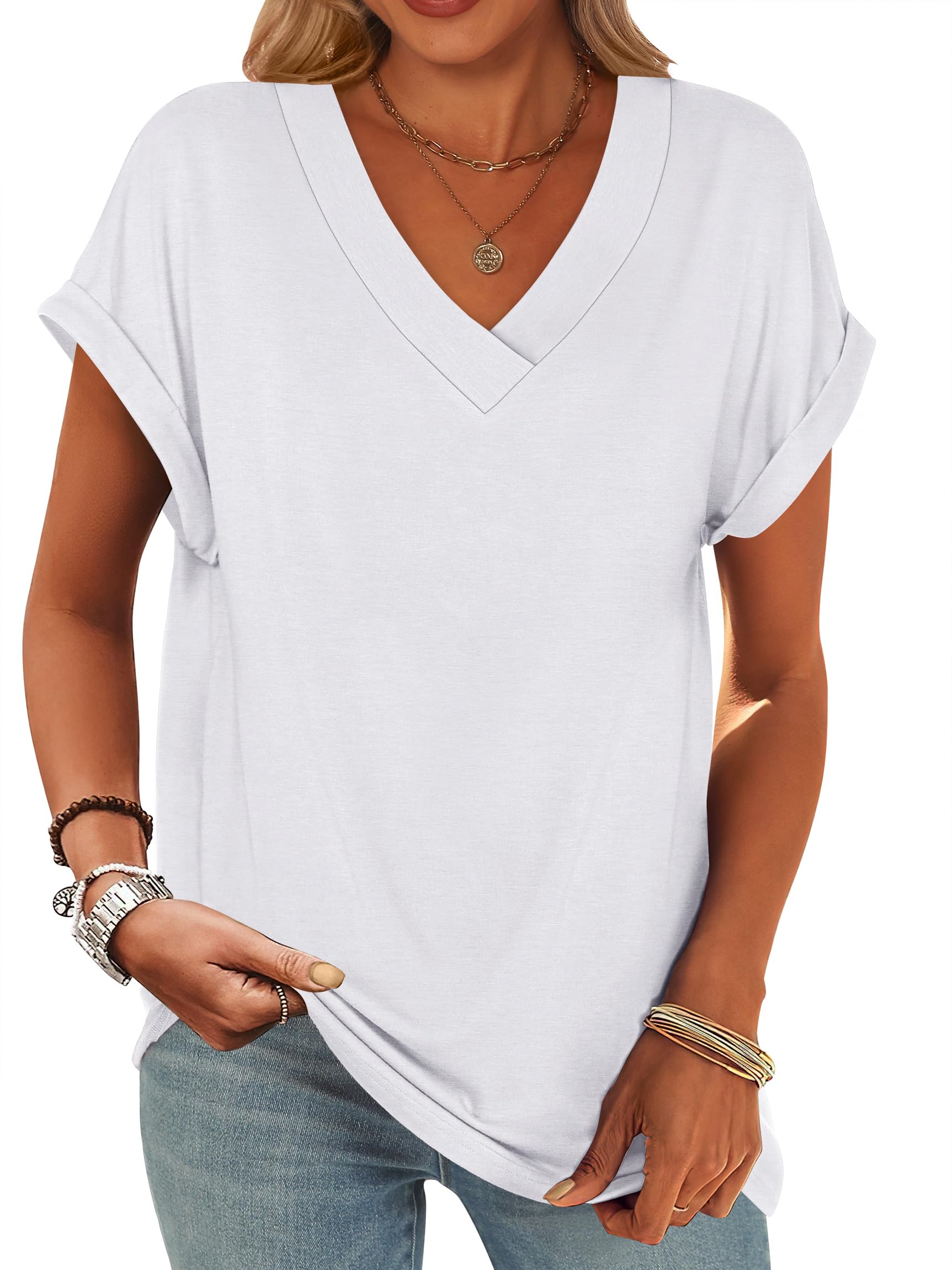 ANRABESS Womens Tops Short Sleeve V Neck T-Shirts Summer Loose Fit ...