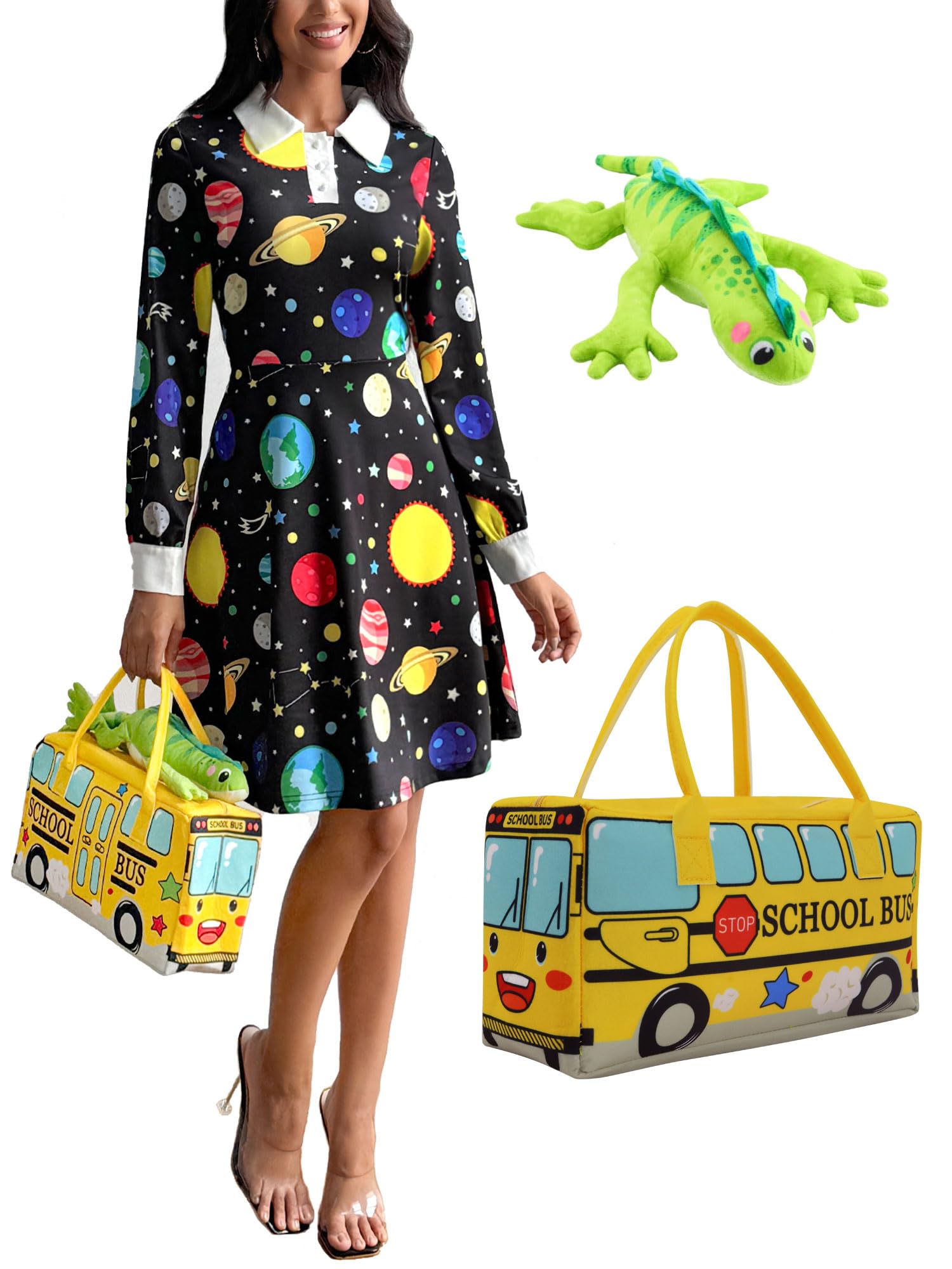 PHIXWORLD Womens Magic School Bus Miss Frizzle Party Costume Planet ...