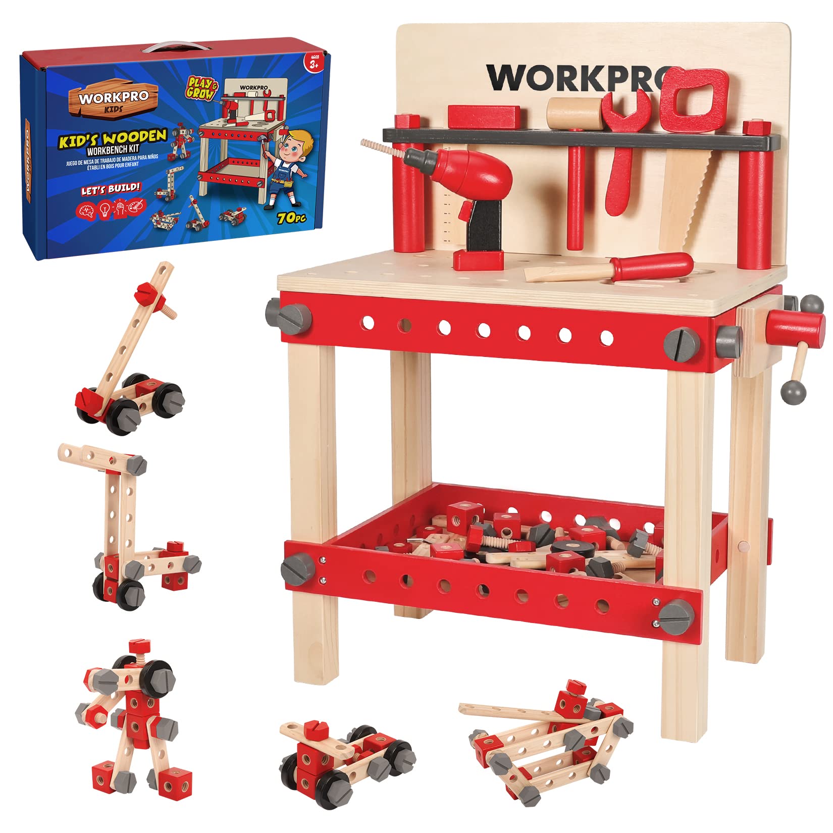 WORKPRO Wooden Workbench Kit Kids Tool Bench, Building Toy Set Creative ...