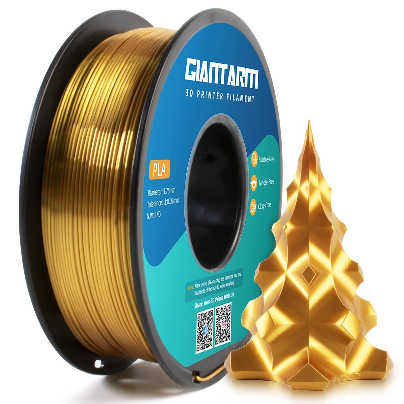 GIANTARM 3D Printer Filament, Silk Gold Pla Filament, 1Kg(2.2lbs) Spool, 1.75mm Dimension ...