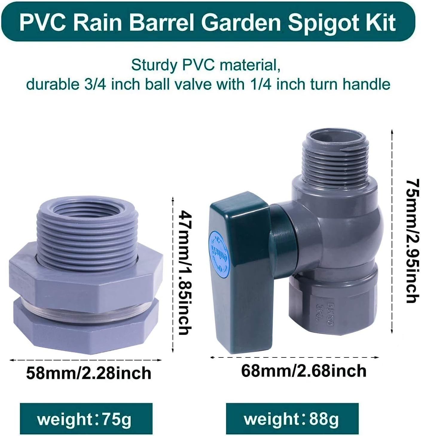 QLPFS 3/4 Inch PVC Rain Barrel Garden Spigot Kit, Full Port Ball Valve with Bulkhead Fitting ...