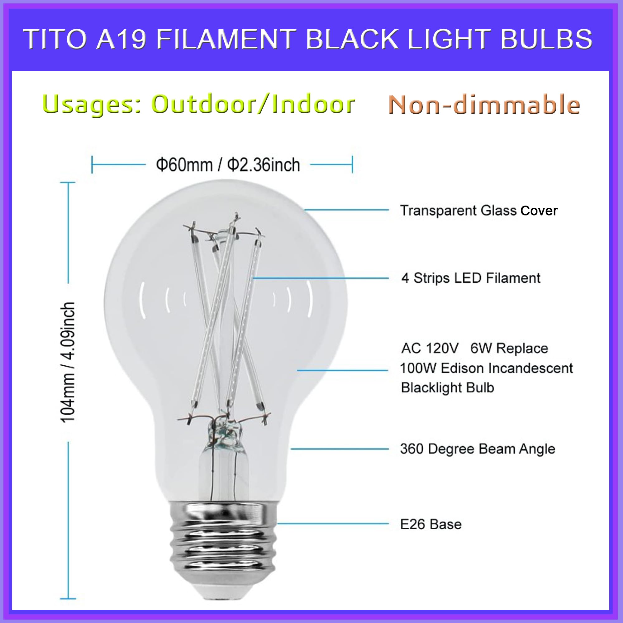 Mua TITO 4 Pack A19 E26 Filament LED Black Light Bulbs, UVA 385-400nm ...