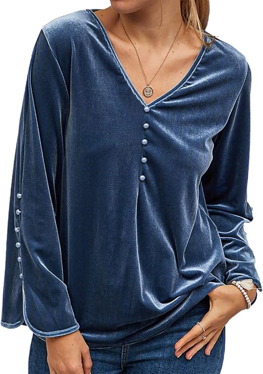 LOSRLY Damen Einfarbig V-Ausschnitt Samt Langarm Knöpfe T-Shirt Bluse ...