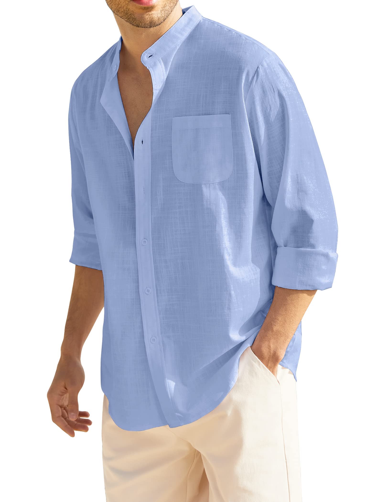 COOFANDY Men's Blue Linen Shirts Long Sleeve Band Collar Button Up Shirt Beach Summer Vacation ...