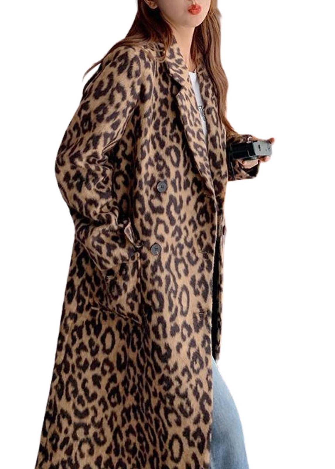 utcoco Womens Leopard Long Wool Trench Coat Notched Lapel Double ...