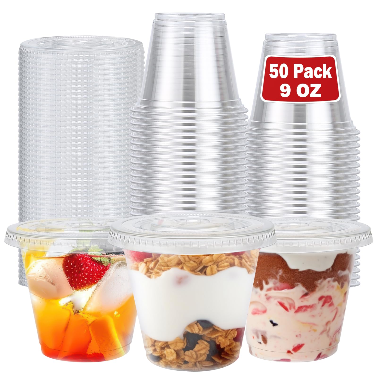 Clawsoff 50 Pack 9 oz Disposable Clear Plastic Parfait Cups with Flat ...