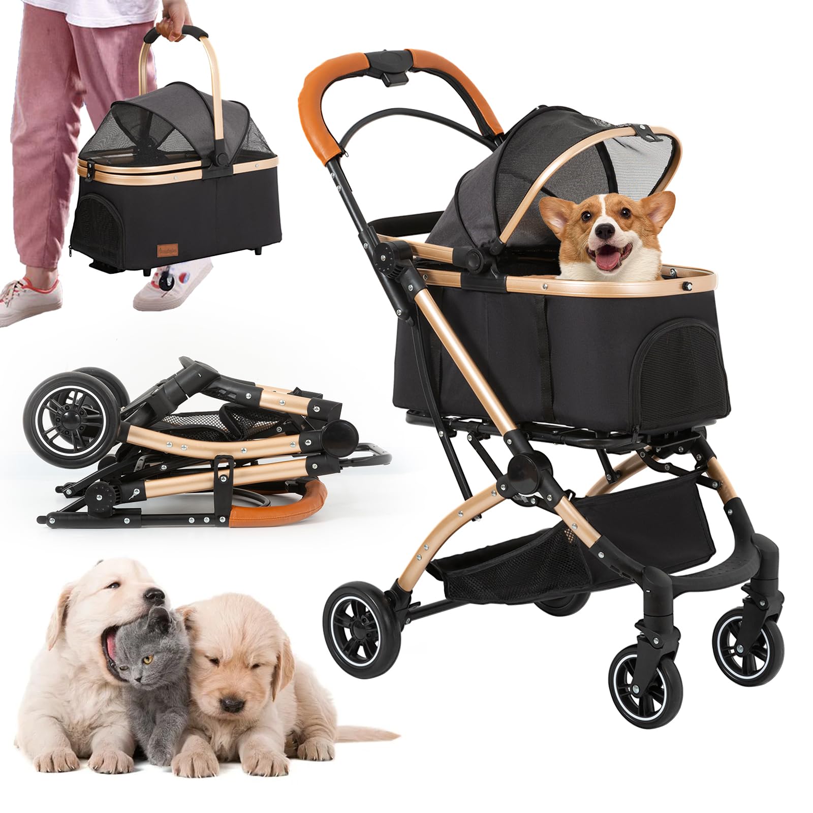 Pet Stroller for Dog and Cat, Pet Folding Stroller, 4 Wheels Dog/Cat ...