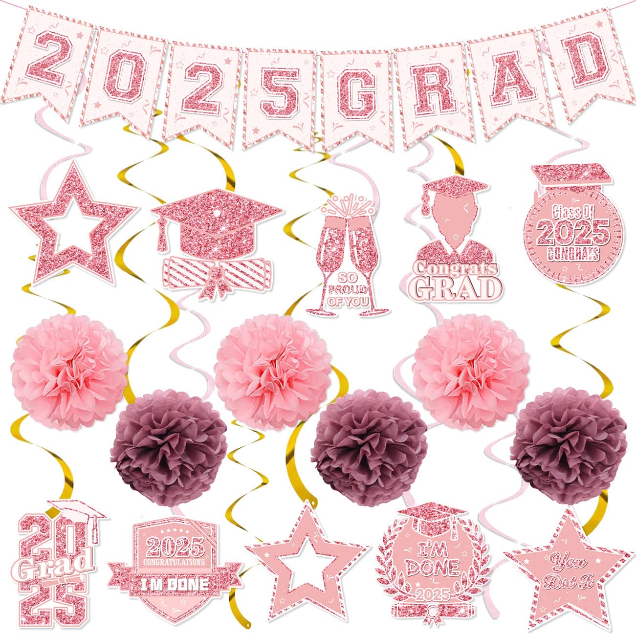 38Pcs Pink Class of 2025 Graduation Decorations, Rose Gold Congrats ...