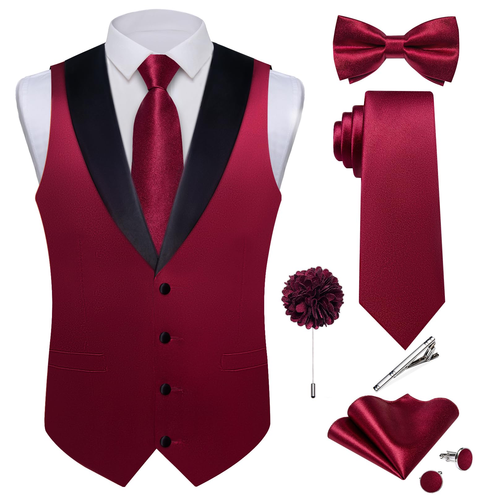 DiBanGu Mens Shiny Satin Vest Tie Set 8PCS Solid Waistcoat and Pre-tied ...