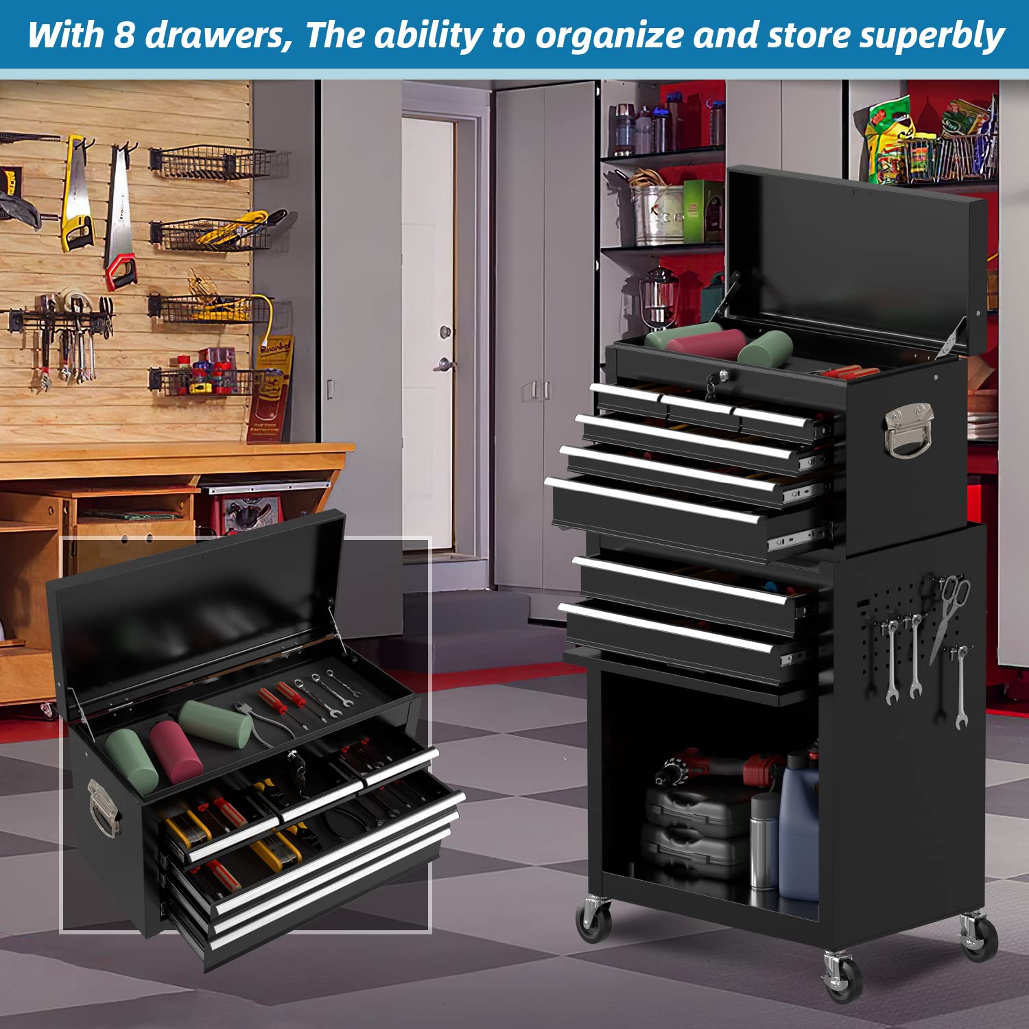 8-Drawers Rolling Tool Box With Wheels,Tool Chest With Drawers,High Capacity Portable Toolbox ...