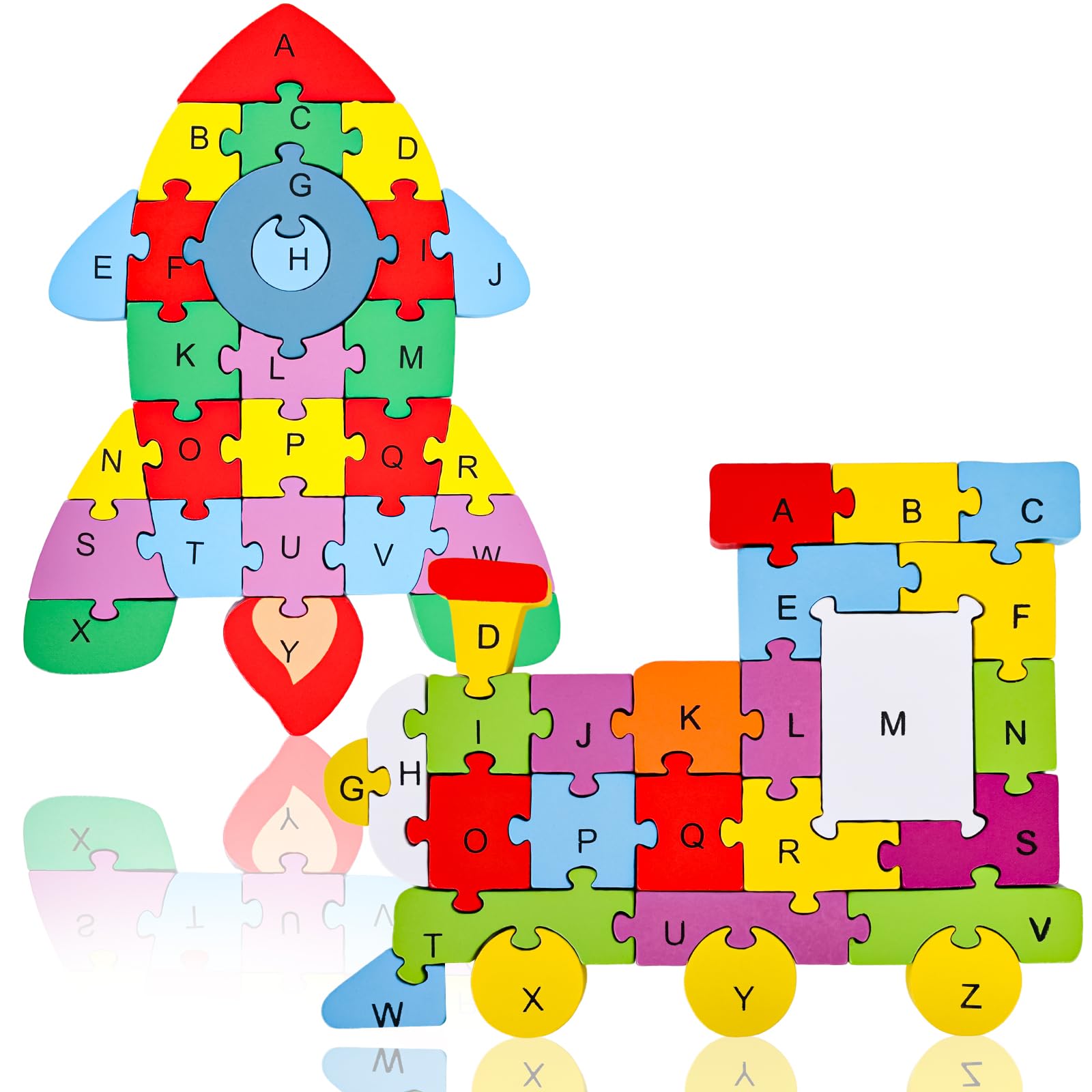 LovesTown Wooden Puzzle for Kids, Alphabet Train Rocket Puzzles Wooden ...