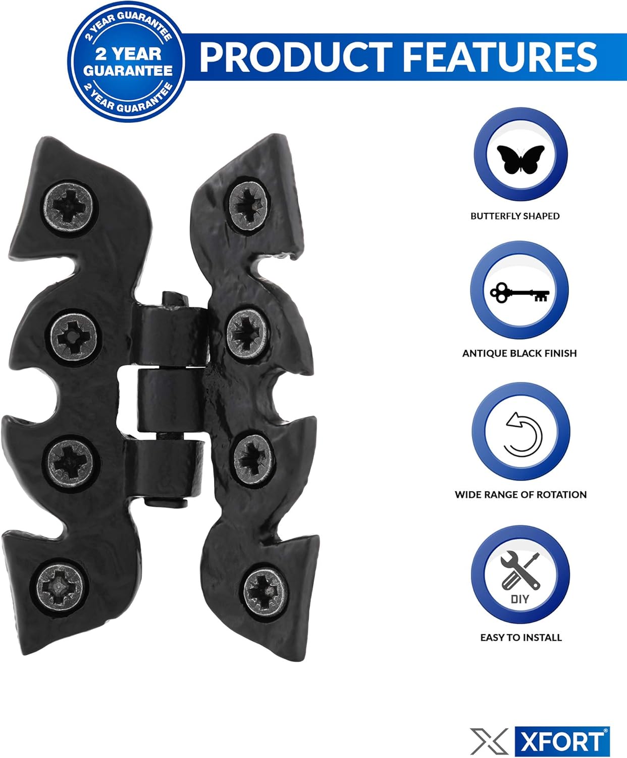 XFORT® 2 Pairs Black Butterfly Hinges with Rustic Ornate Design ...