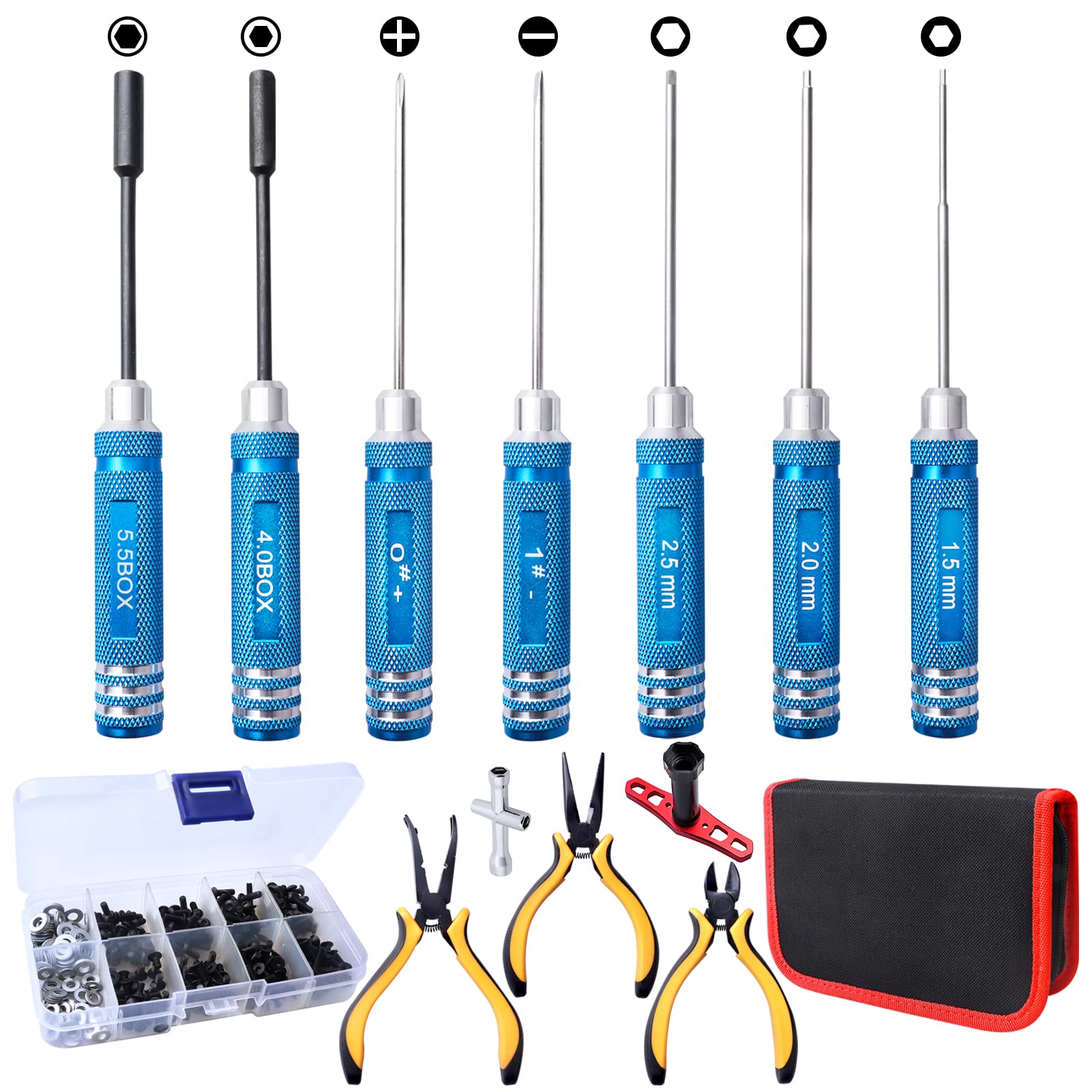 RC Tool Kit & Screw Kit Hardware Set (Flat, Phillips, Hex), Pliers, Wrench, Repair Tools for ...