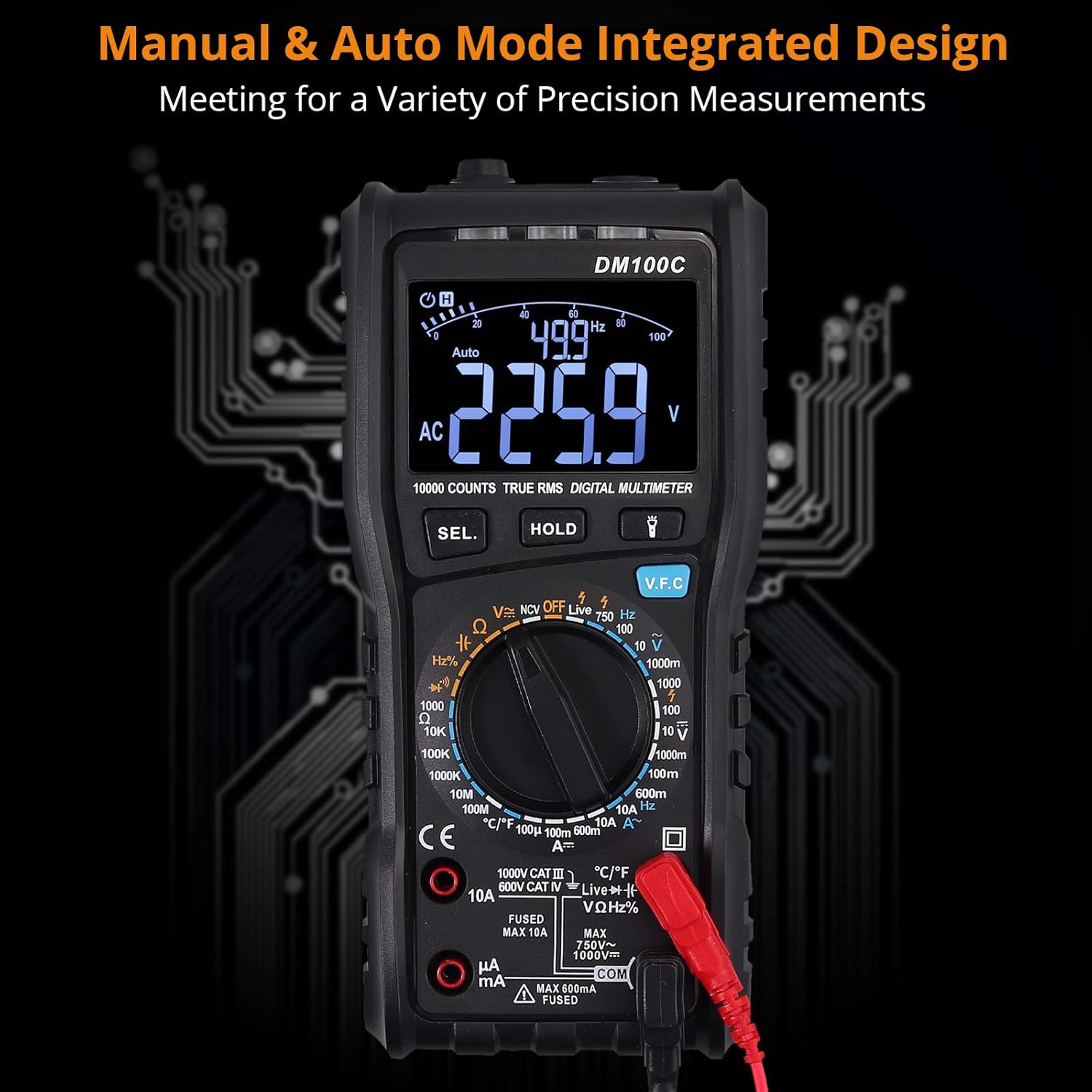 CAMWAY Digital Multimeter 3-Line Display Manual & Auto Mode 10000 Counts True RMS Auto-Ranging ...