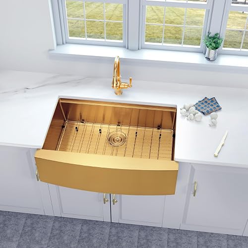MONSINTA 33 Inch Gold Farmhouse Kitchen Sink, 33 x 20 Farm Sink, 33" x ...