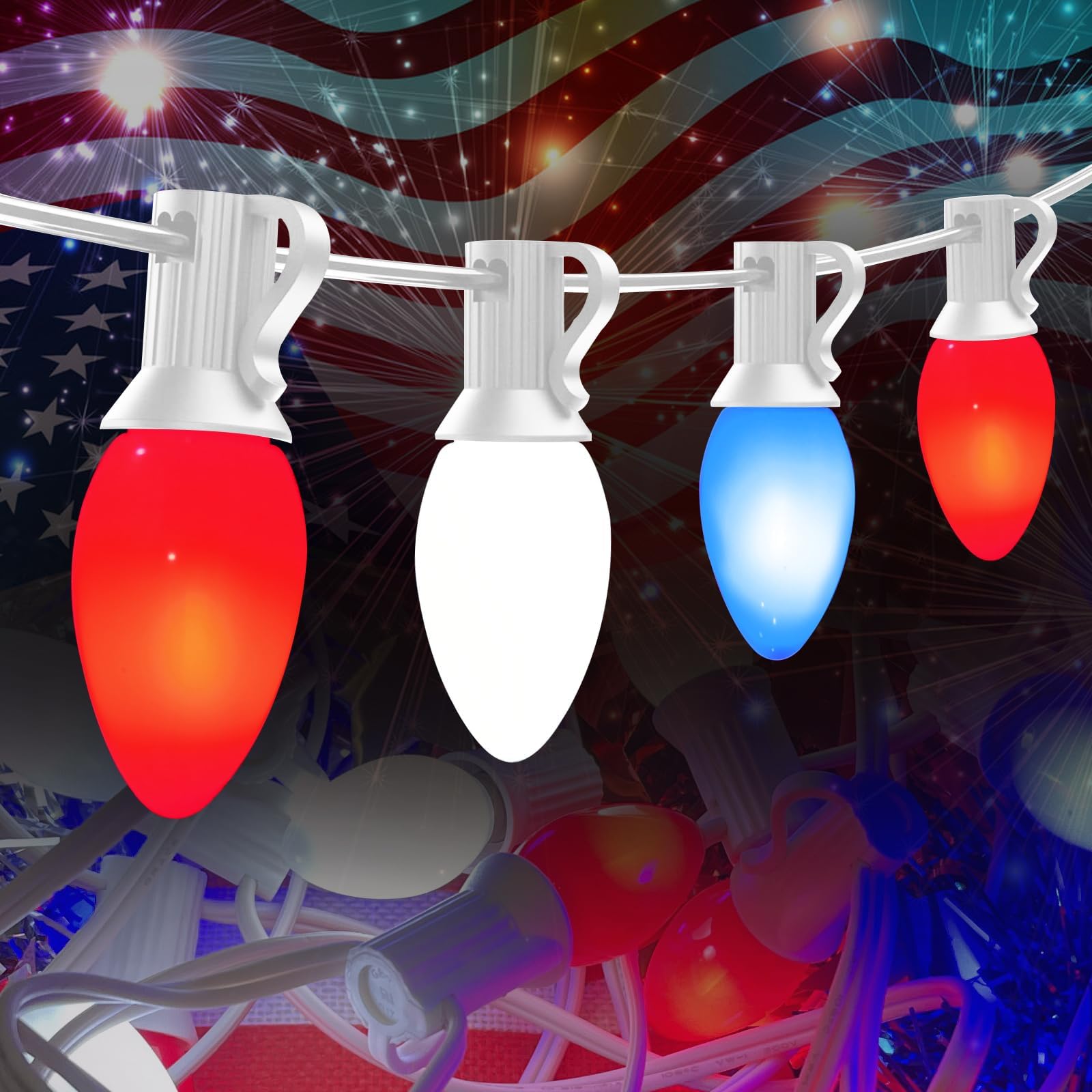 Red White and Blue C7 Outdoor Lights, 25Ft 4th of July Patriotic String ...
